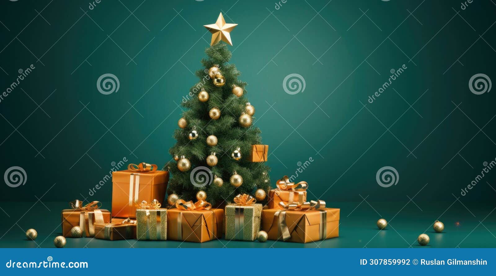 Grey Bench and Gift Boxes Under Christmas Tree Near Green Wall Stock ...