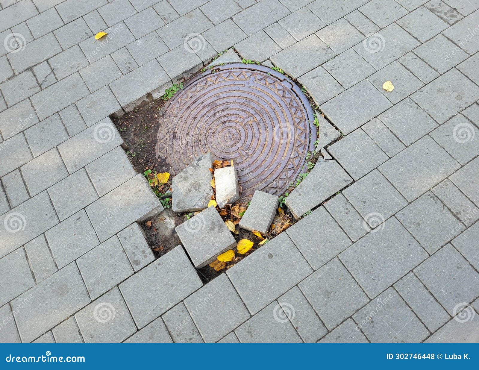 Grey Broken Paving Slabs Around the Manhole Stock Photo - Image of ...