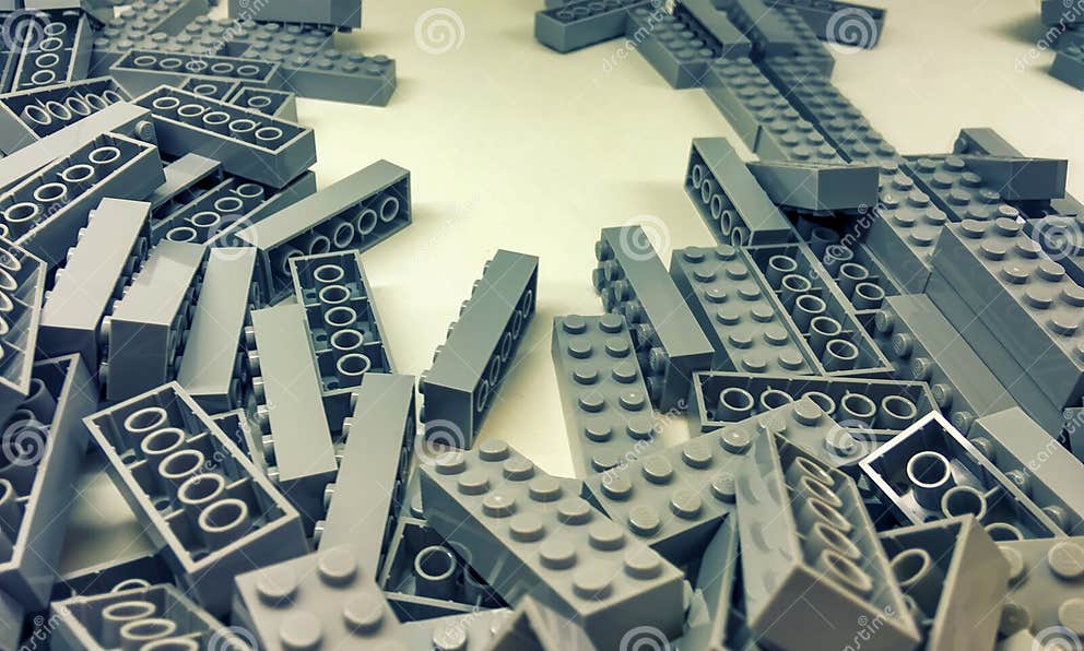 Grey Building Pieces Closeup. Bright Plastic Constructor Pieces Neatly ...