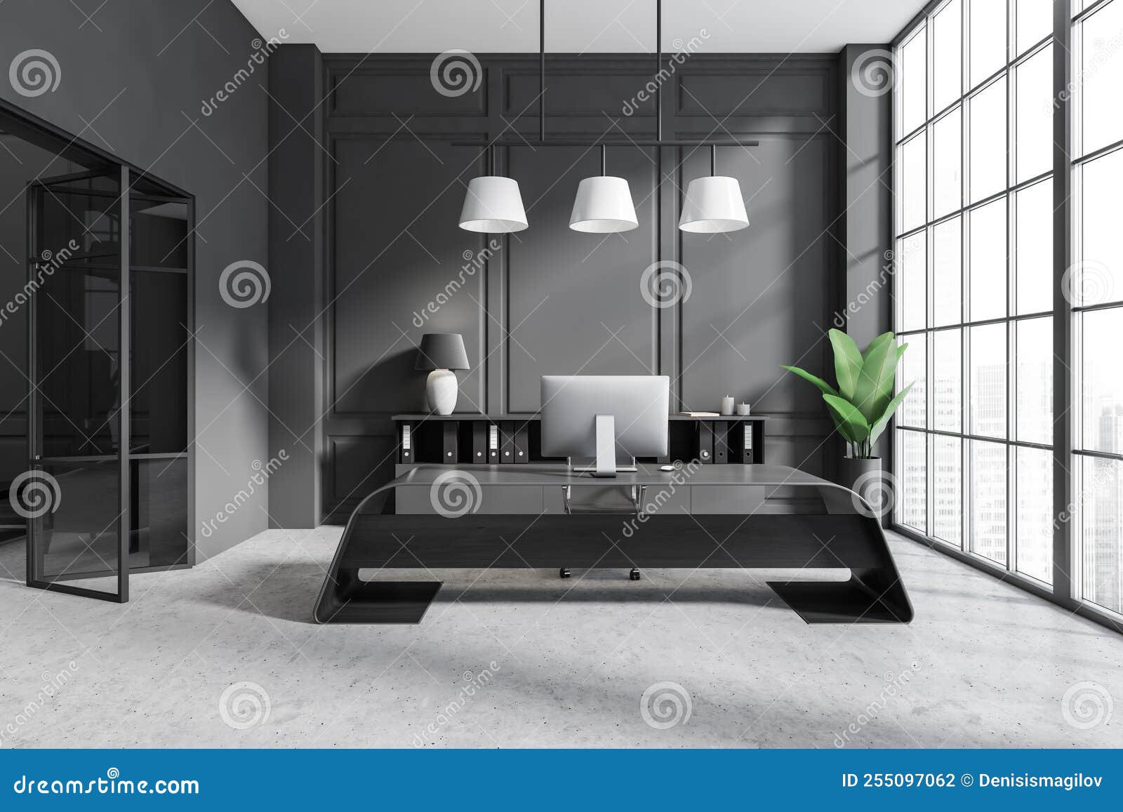 Grey Business Interior with Work Table, Cabinet and Panoramic Window ...
