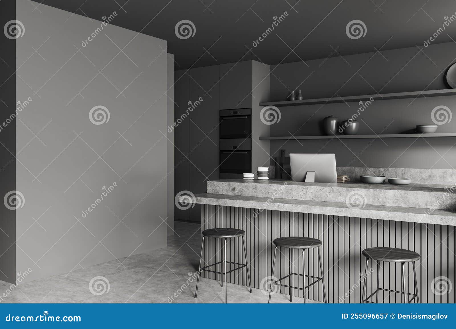 Grey Cafe Interior with Countertop and Pc Computer, Kitchenware. Mockup ...