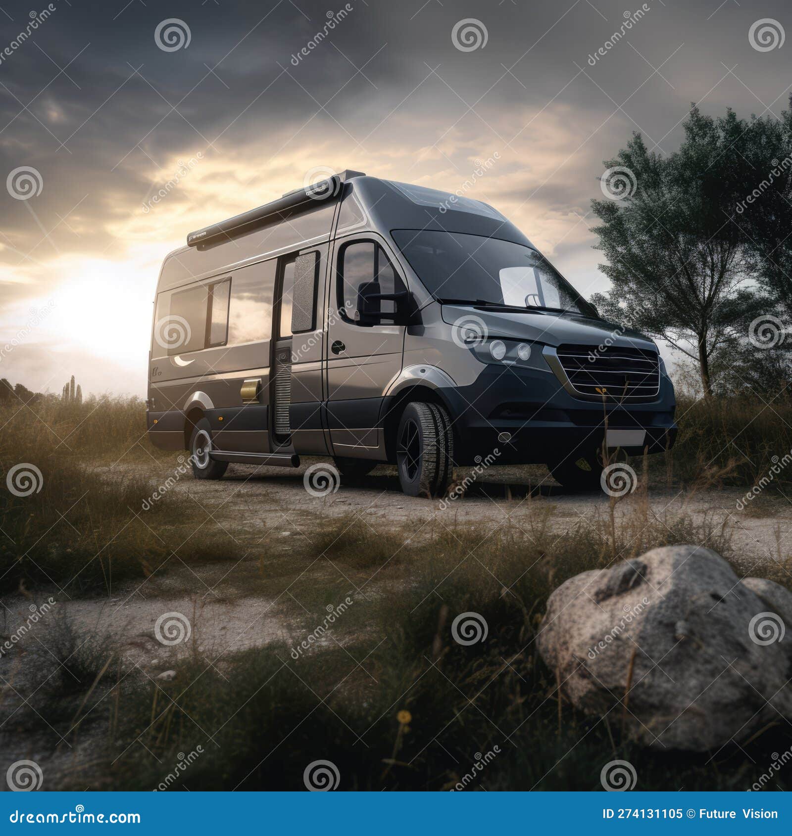 Grey Camper Van with Sunlight and Trees in Forest Created Using ...