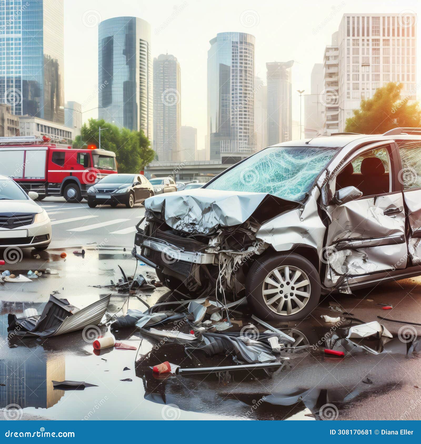 Grey Car Crash in City Center, Broken Windshield and Bumper Stock ...