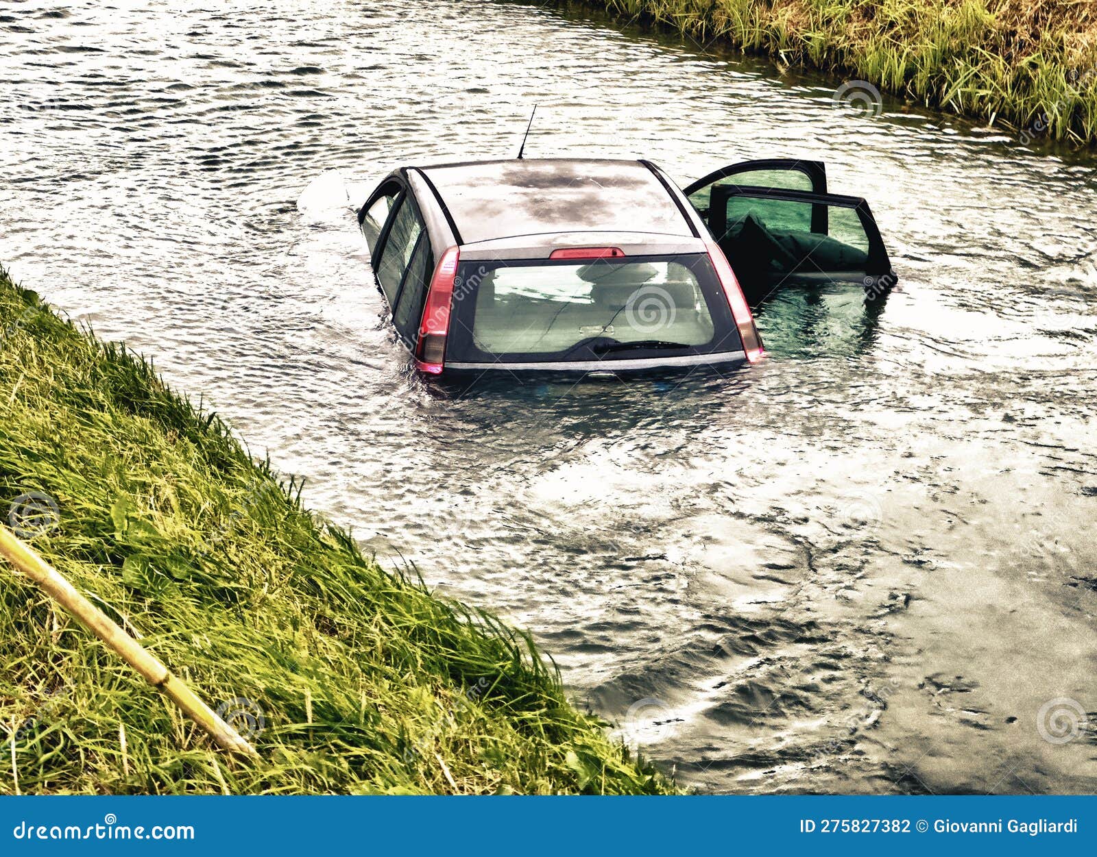Grey Car Falls and Drowning in the River Editorial Photography - Image ...