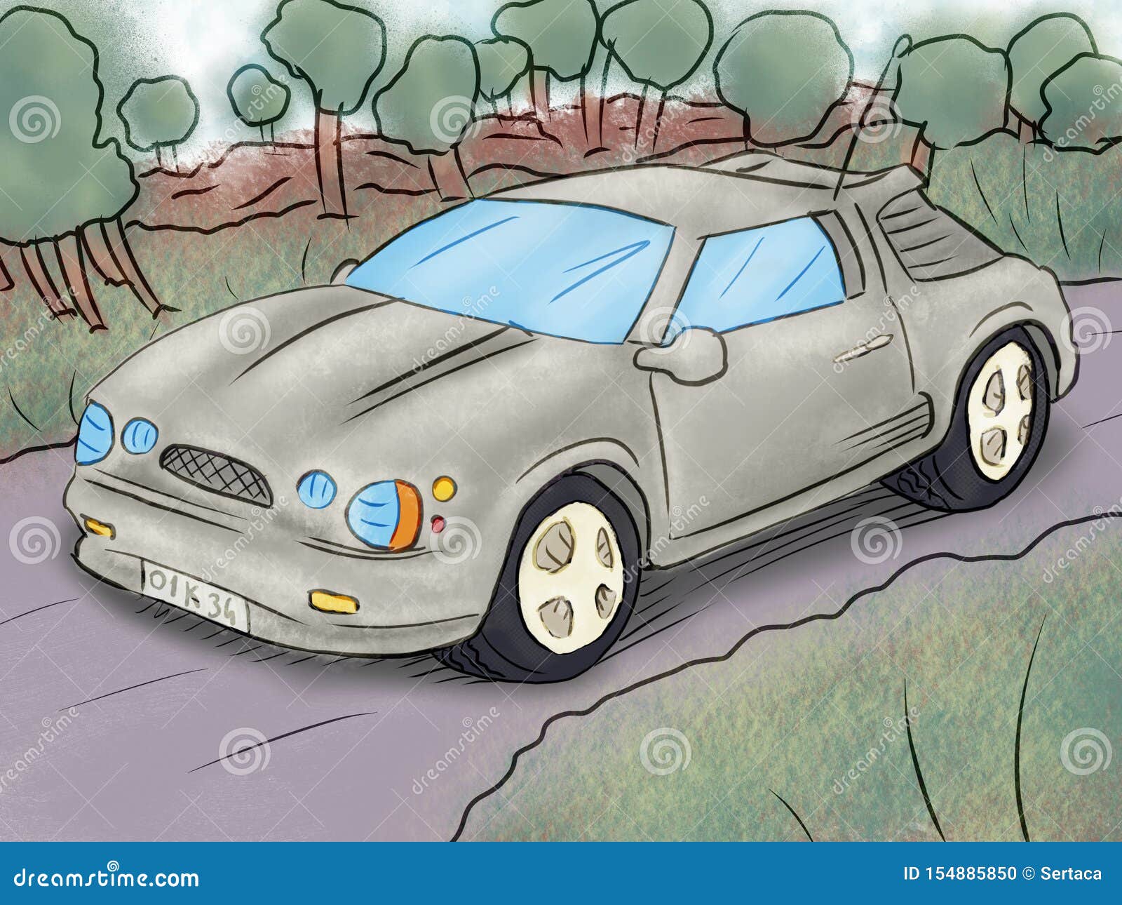 Grey Car Passing on the Road with Trees Drawing Stock Illustration ...