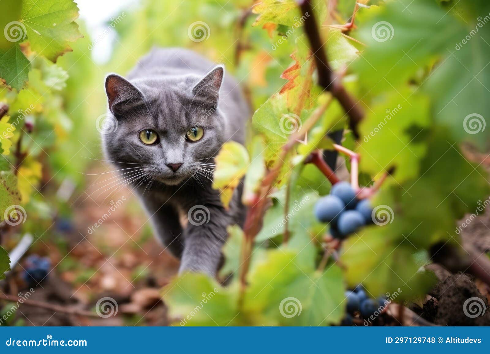 Grey Cat Playing with Fallen Grapes in Vineyard Stock Photo - Image of ...