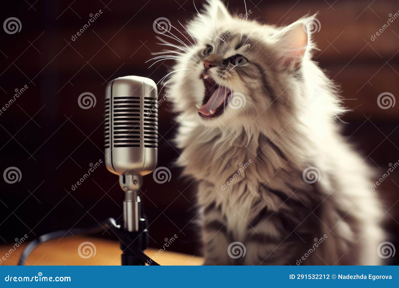 Grey Cat Sings into Retro Microphone on Stage Stock Illustration ...