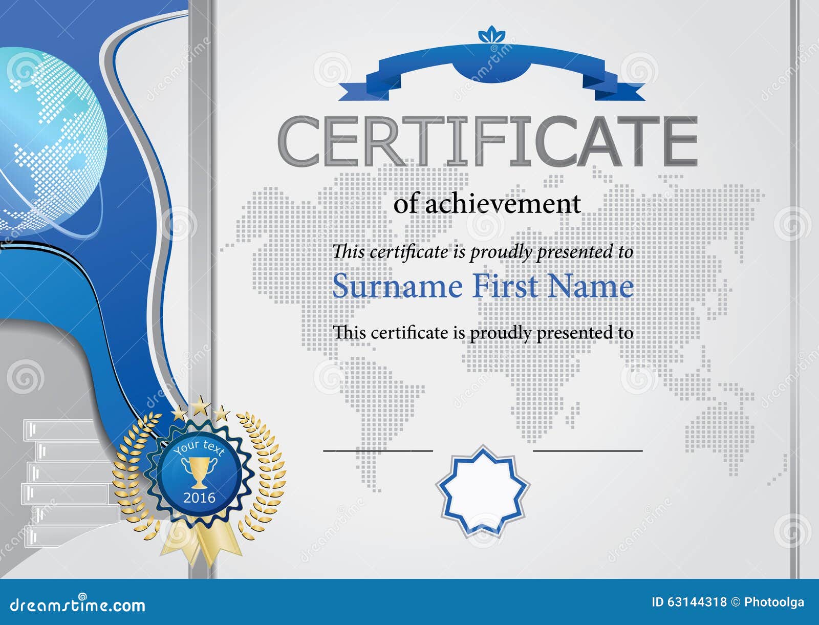 Grey Certificate. Blue Elements, Map and Globe. Stock Vector ...