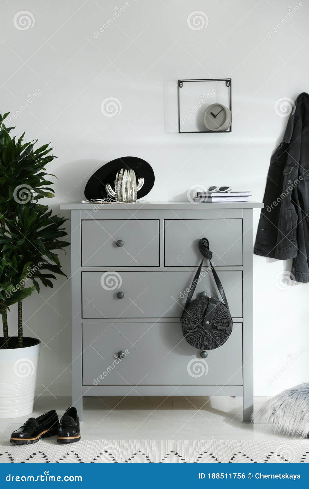 Grey Chest of Drawers in Room. Interior Design Stock Photo - Image of ...