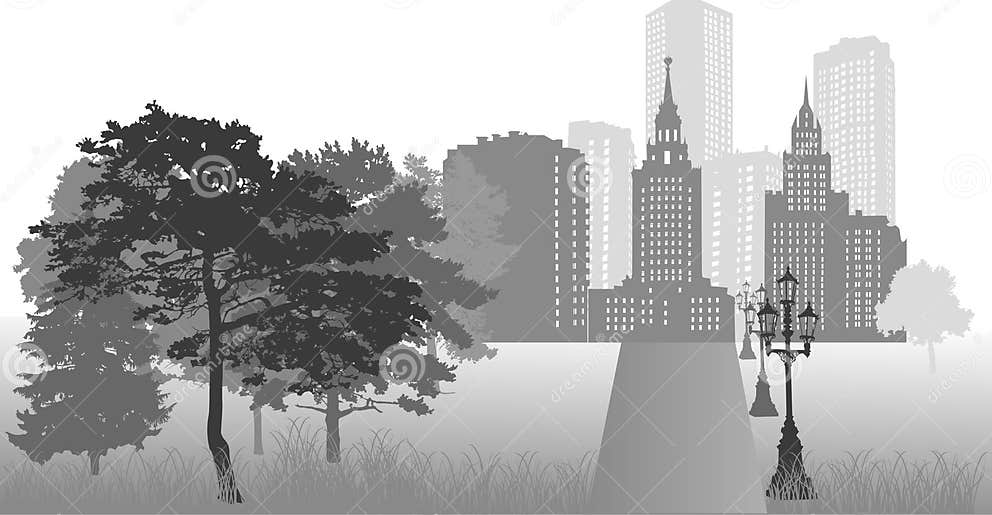 Grey City Landscape with Trees Stock Vector - Illustration of ...