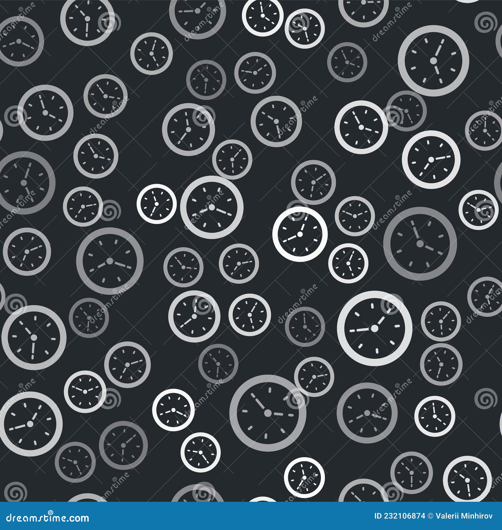 Grey Clock Icon Isolated Seamless Pattern on Black Background. Time ...