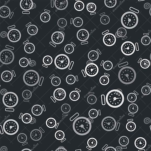 Grey Clock Icon Isolated Seamless Pattern on Black Background. Time ...