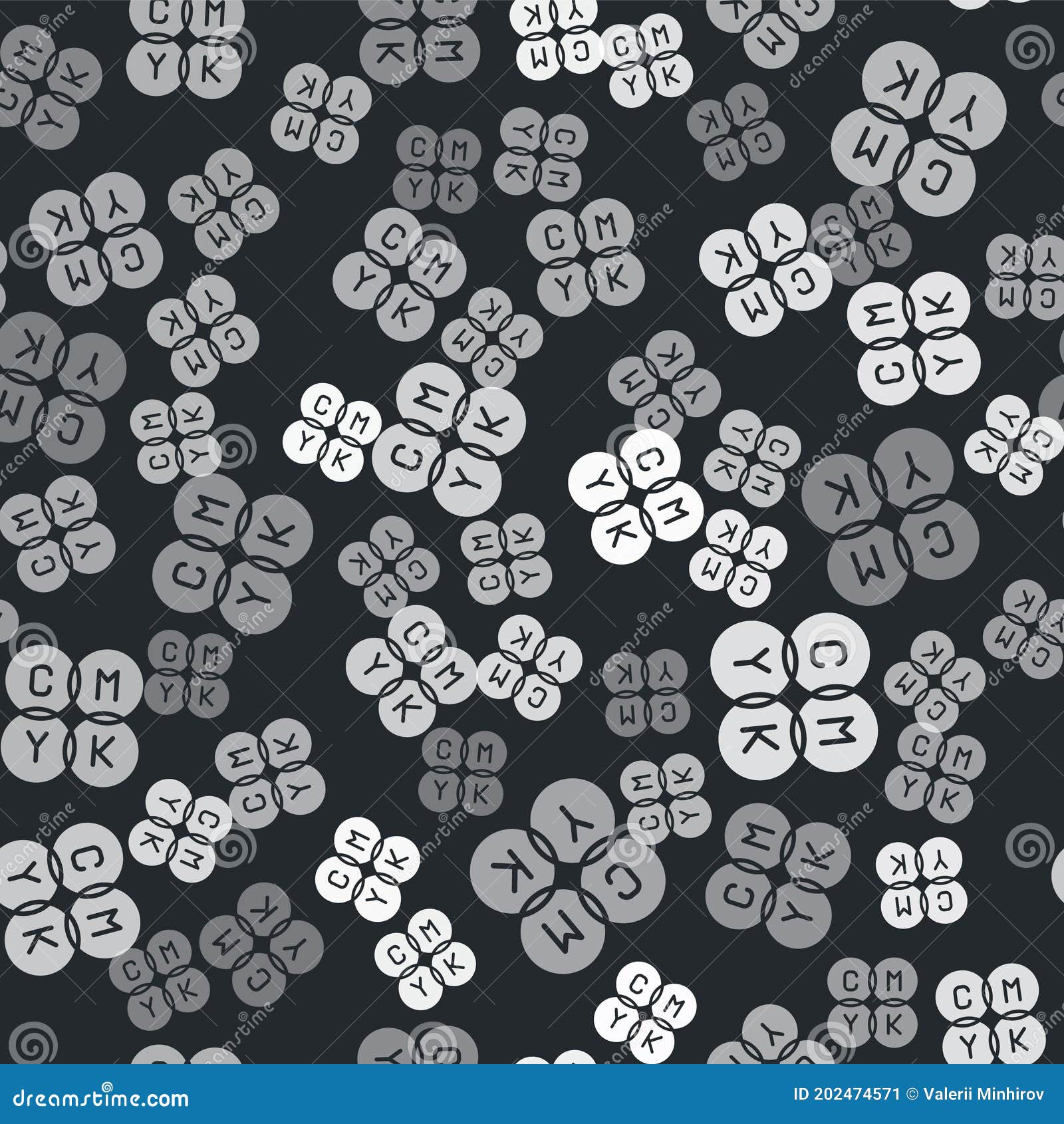 Grey CMYK Color Mixing Icon Isolated Seamless Pattern on Black ...