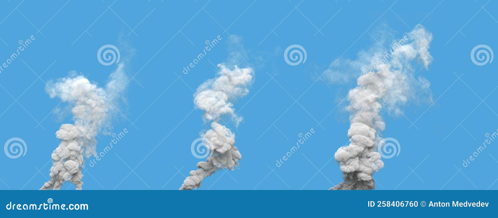 3 Grey Co2 Emissions Smoke Columns from Forest Fire on Blue, Isolated ...