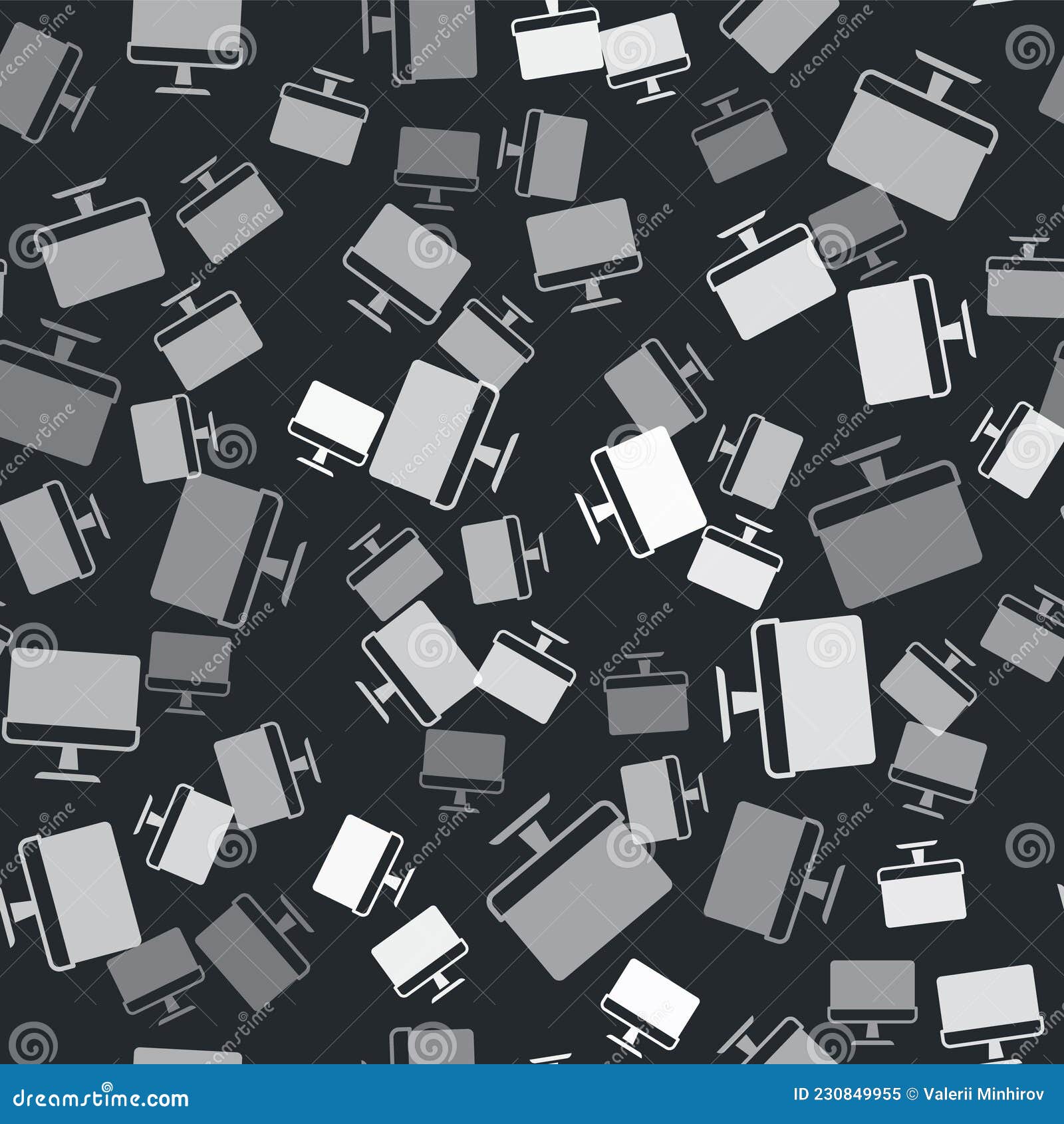 Grey Computer Monitor Screen Icon Isolated Seamless Pattern on Black ...
