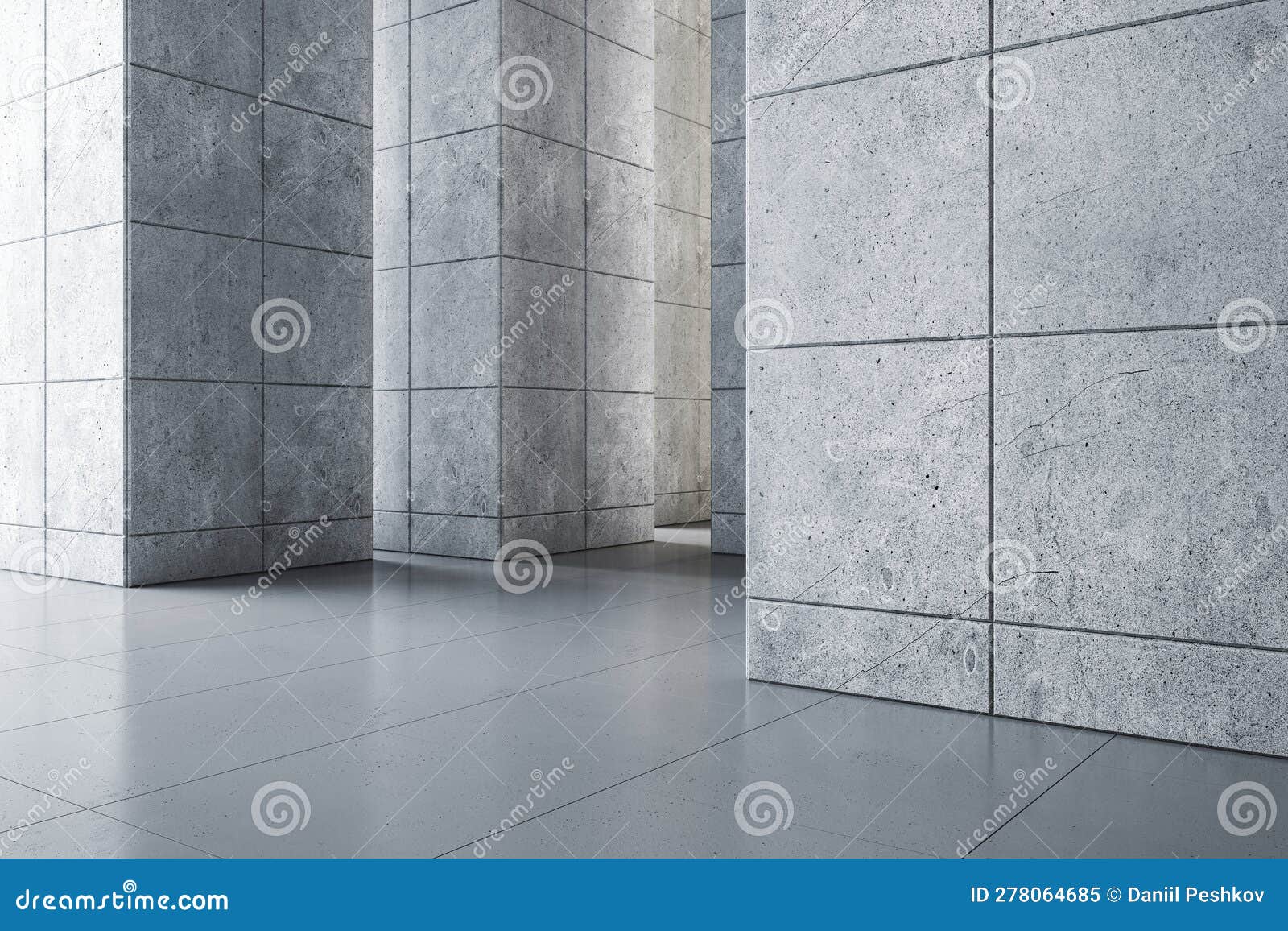 Grey Concrete Pillars on Glossy Floor Outdoors, Abstract Area. Stock ...