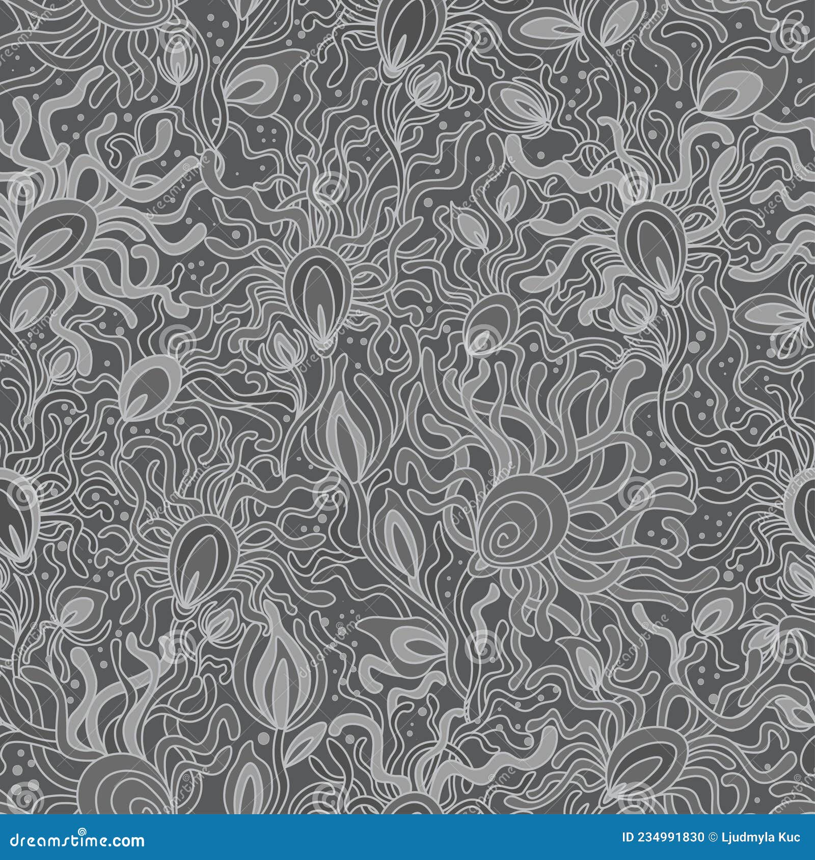 Grey Curly Flowers Seamless Pattern Stock Vector - Illustration of ...