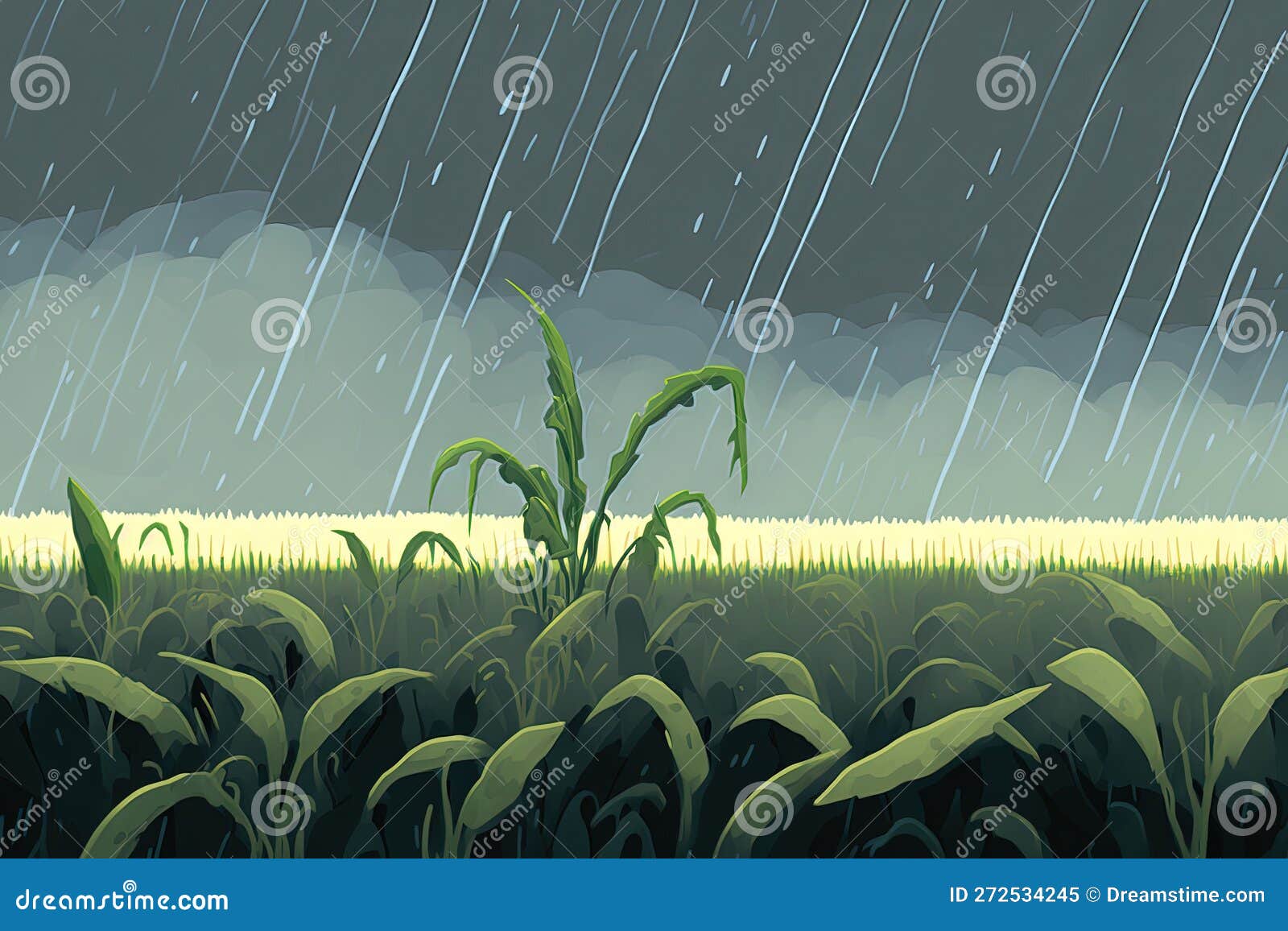 Grey Day Rain Over Green Corn Plants Stock Illustration - Illustration ...