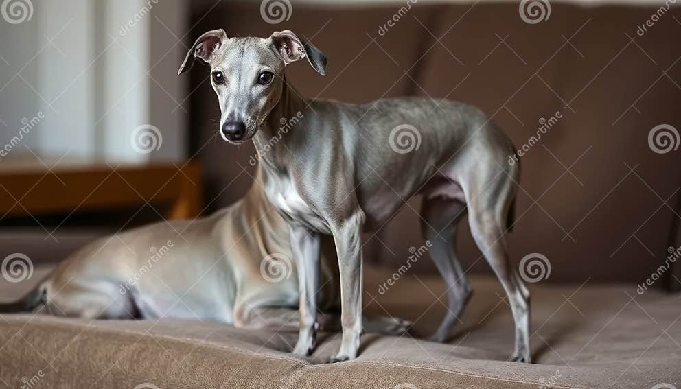 Grey Dog is Standing on a Couch Stock Photo - Image of face, couch ...