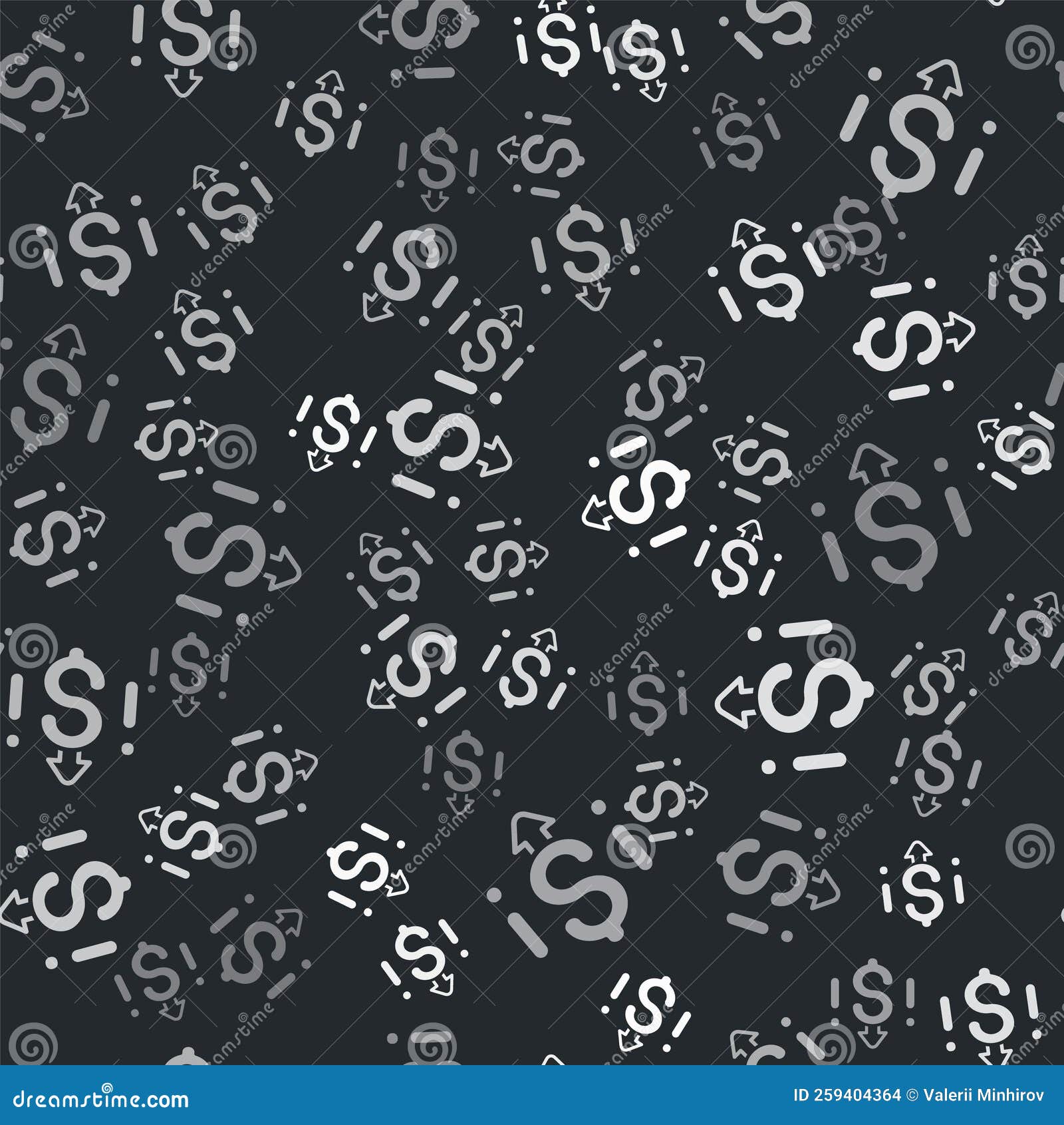 Grey Dollar Rate Decrease Icon Isolated Seamless Pattern on Black Background. Cost Reduction ...