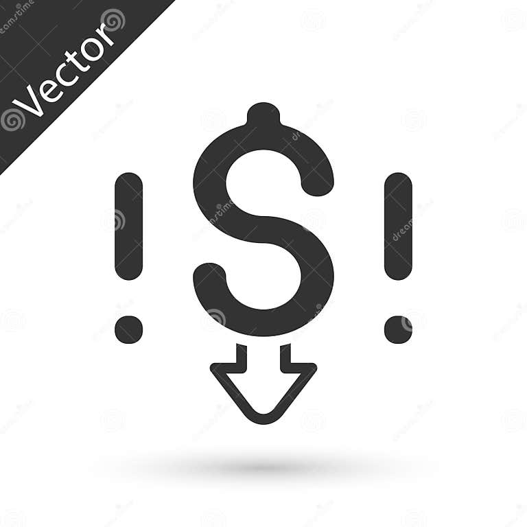 Grey Dollar Rate Decrease Icon Isolated on White Background. Cost Reduction. Money Symbol with ...