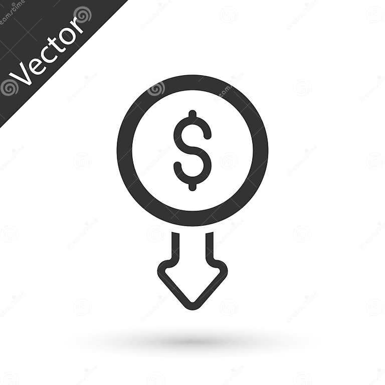 Grey Dollar Rate Decrease Icon Isolated on White Background. Cost Reduction. Money Symbol with ...