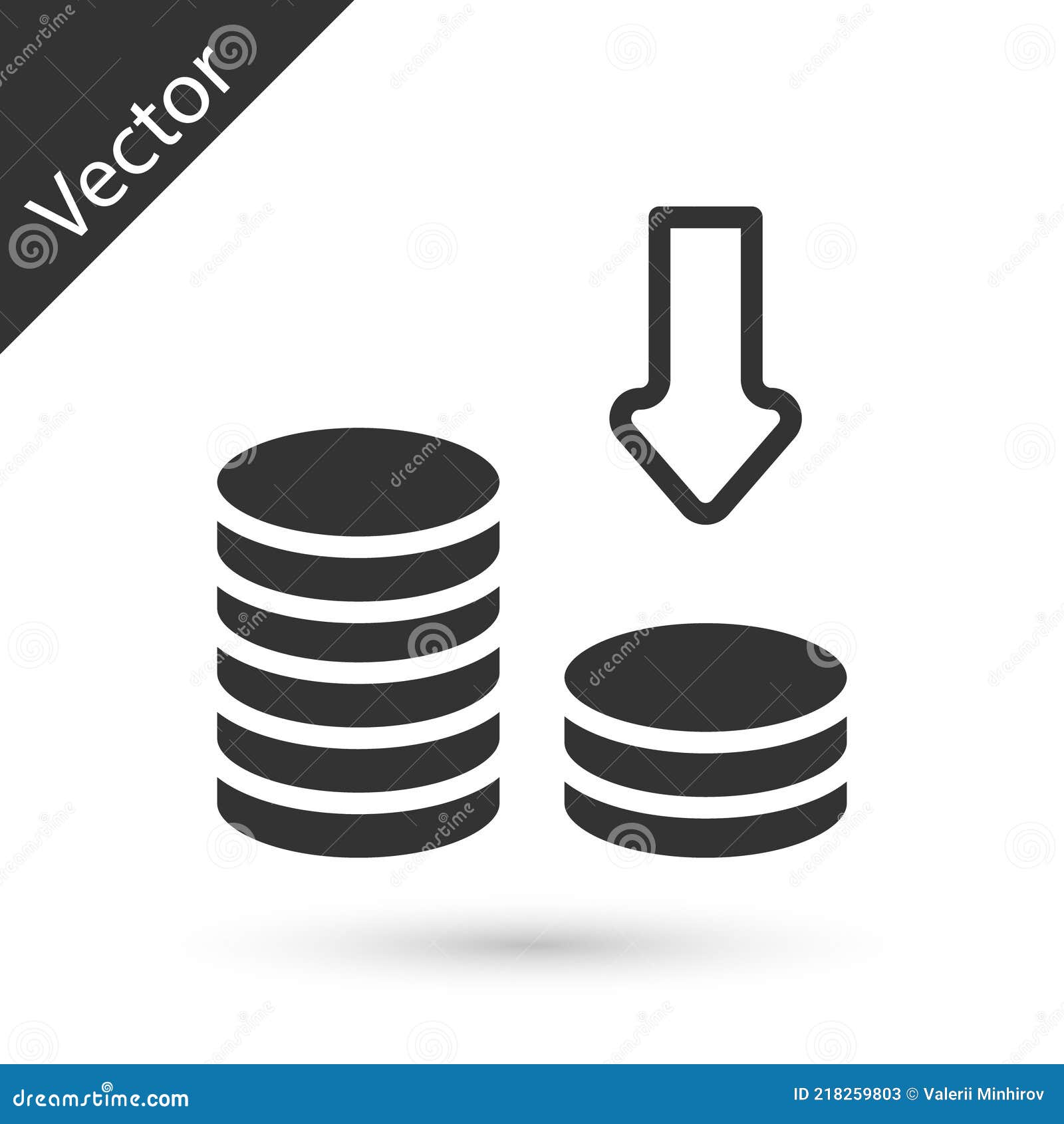 Grey Dollar Rate Decrease Icon Isolated on White Background. Cost Reduction. Money Symbol with ...