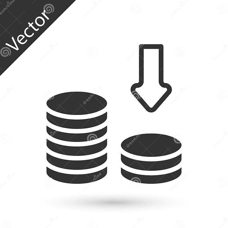 Grey Dollar Rate Decrease Icon Isolated on White Background. Cost Reduction. Money Symbol with ...