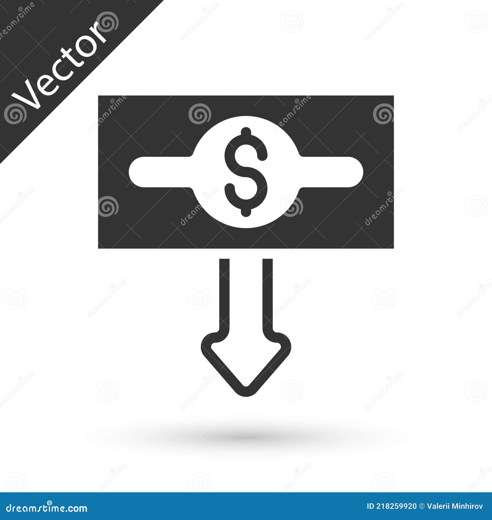 Grey Dollar Rate Decrease Icon Isolated on White Background. Cost Reduction. Money Symbol with ...