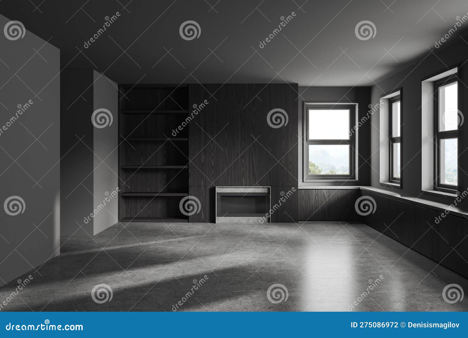 Grey Empty Living Room Interior in Studio Flat, Panoramic Window on ...