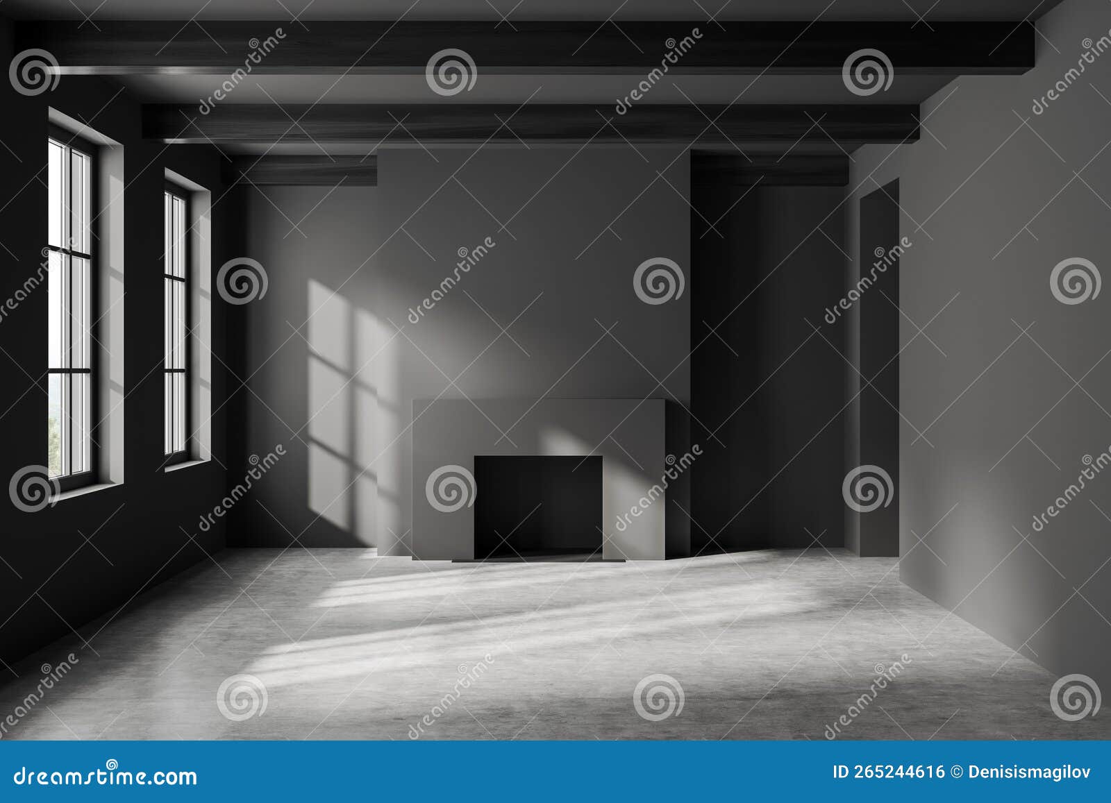 Grey Empty Studio Apartment and Fireplace, Panoramic Window Stock ...