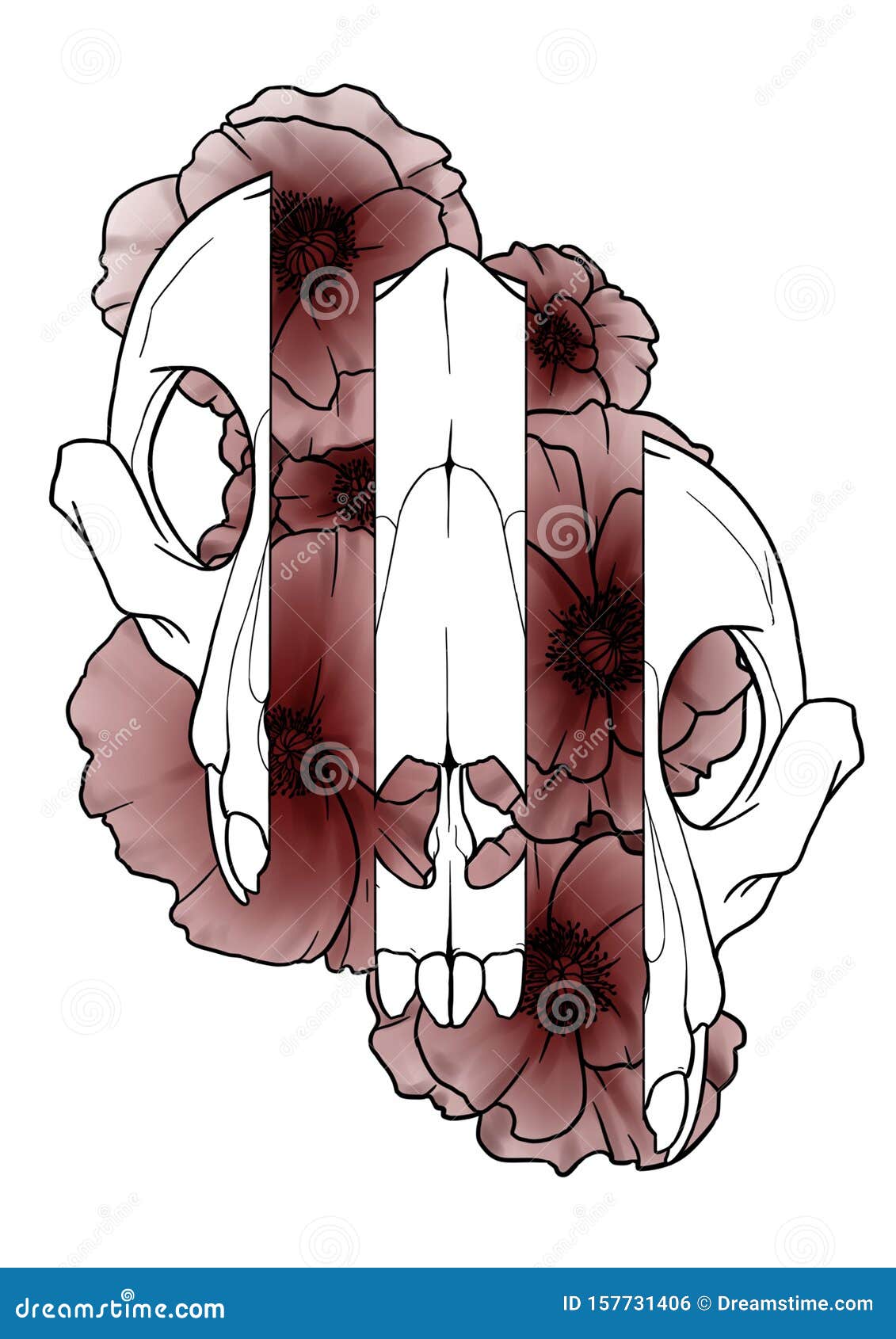 Wolf Skull with Many Red Flowers Stock Illustration - Illustration of ...