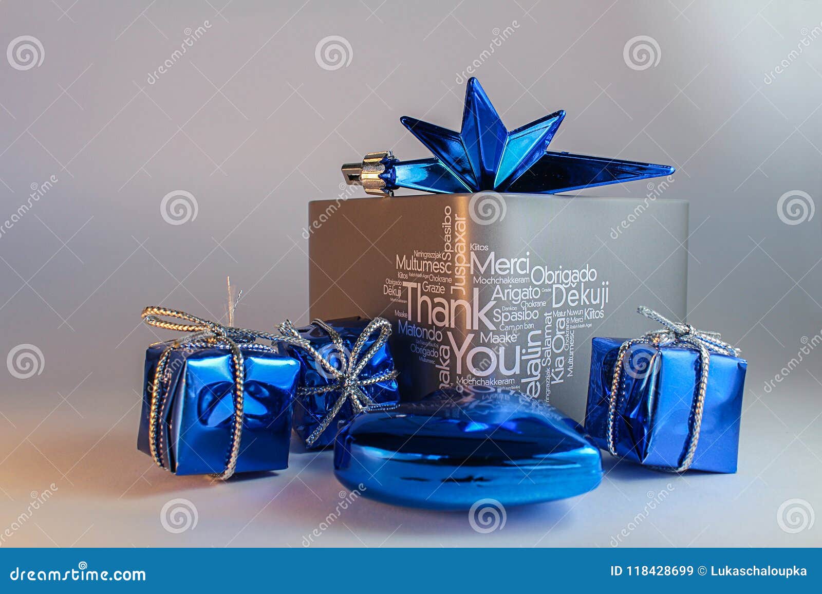 Grey Gift Box with Text and Blue Decoration Stock Image - Image of ...