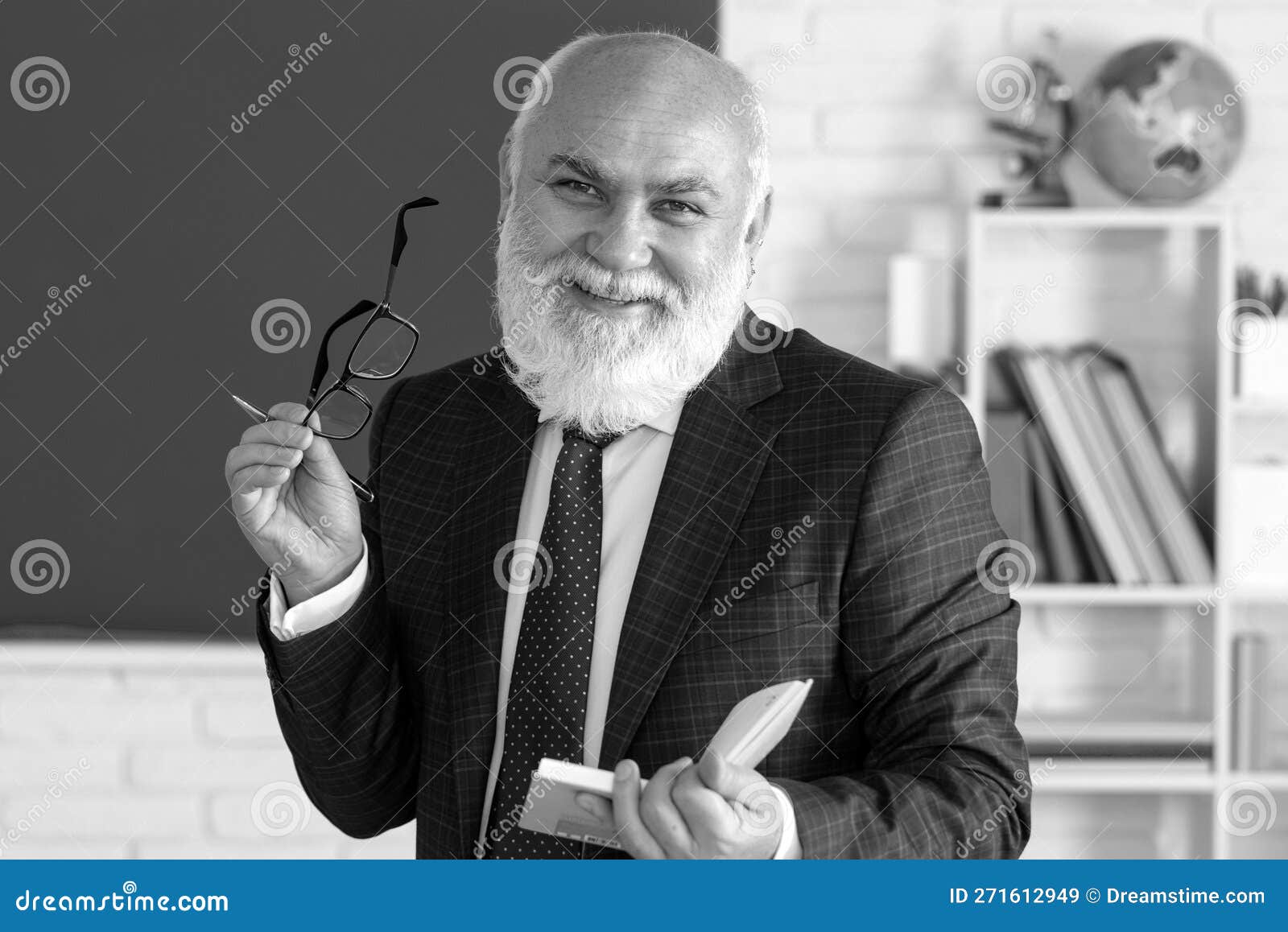 Grey Hair Funny Happy Smiling Professor in Empty Lecture Classroom ...