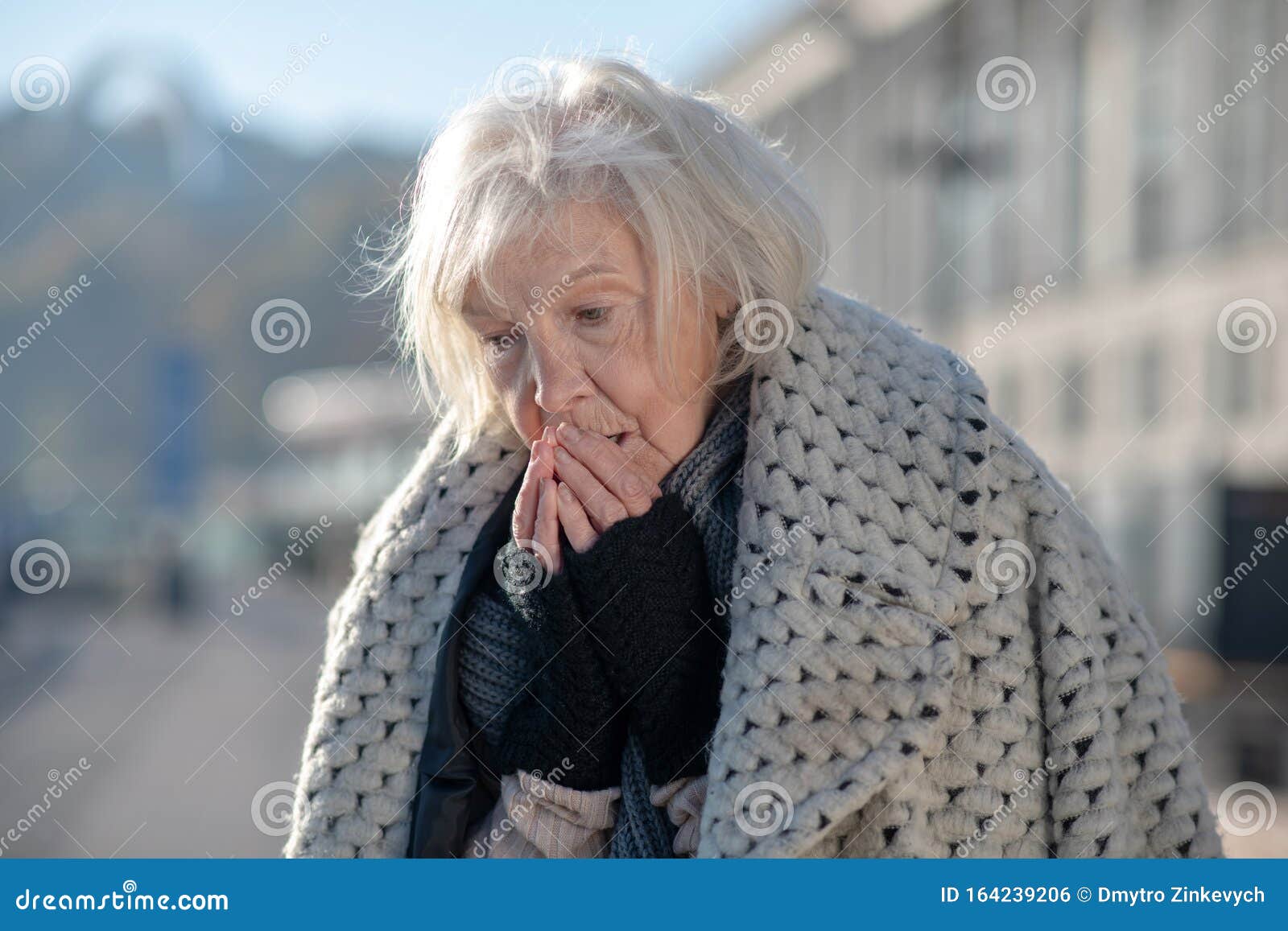 Grey-haired Homeless Pensioner Feeling Very Cold Outside Stock Photo ...