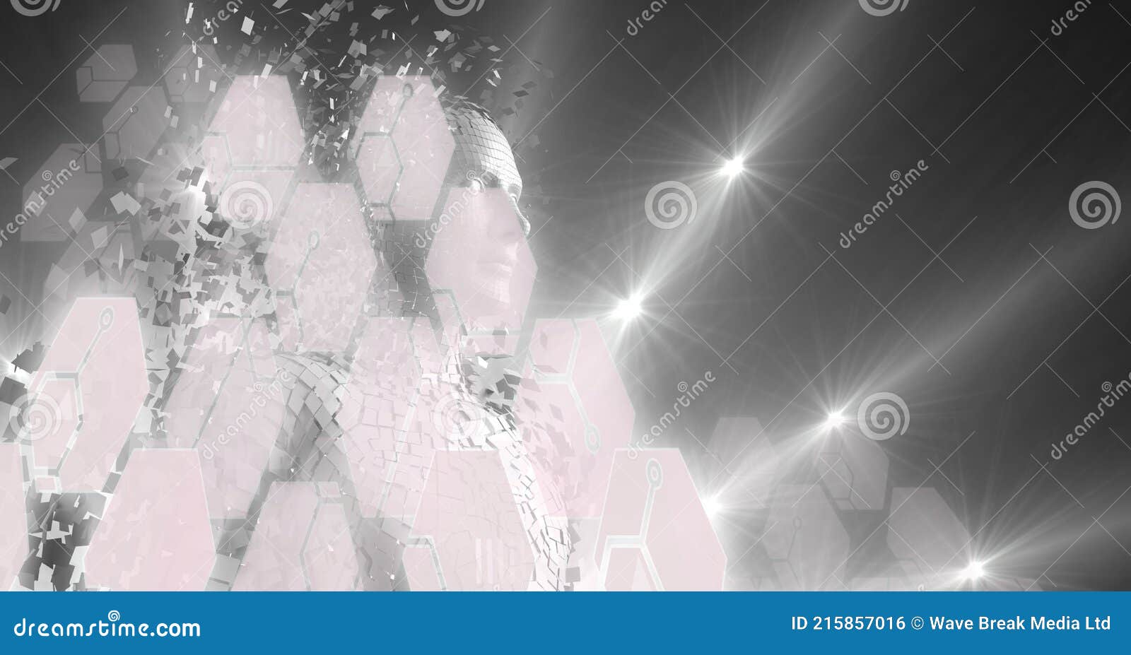 Grey Hexagons Over Computer Generated Human Dissolving into Pieces ...