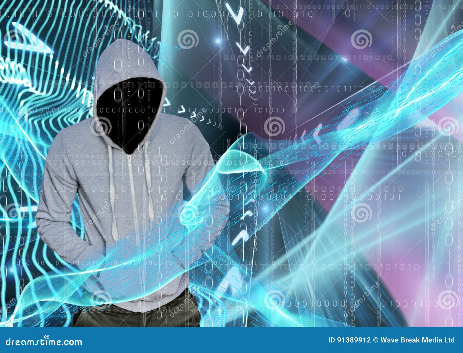 Grey Jumper Hacker with Out Face with His Hands on His Pockets, Blue ...