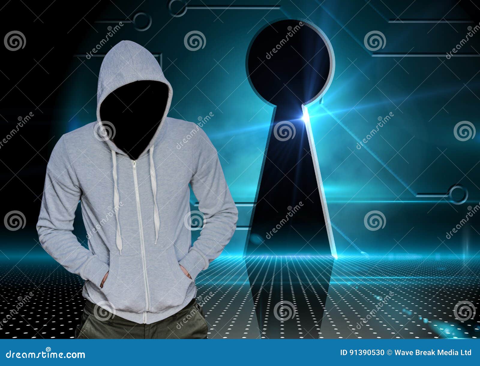 Grey Jumper Hacker with Out Face with His Hands on His Pockets, Lock ...