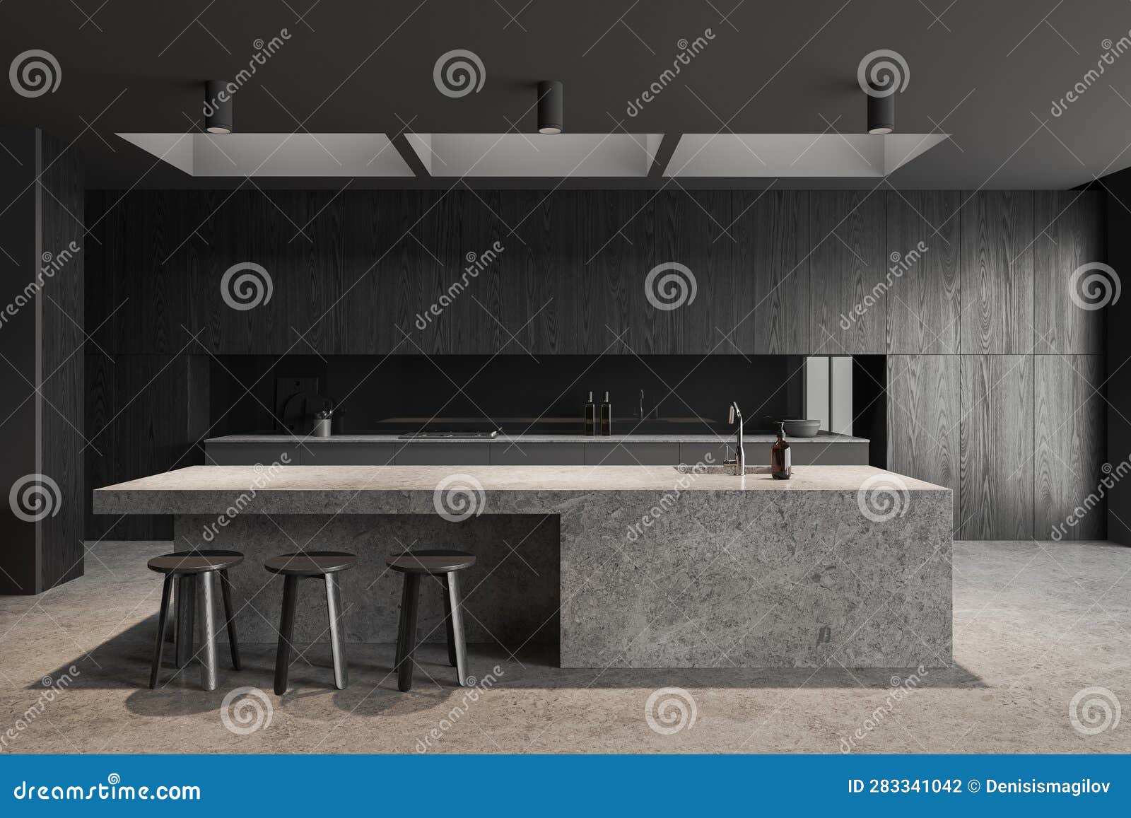Grey Kitchen Interior with Bar Countertop and Cooking Zone with Cabinet ...
