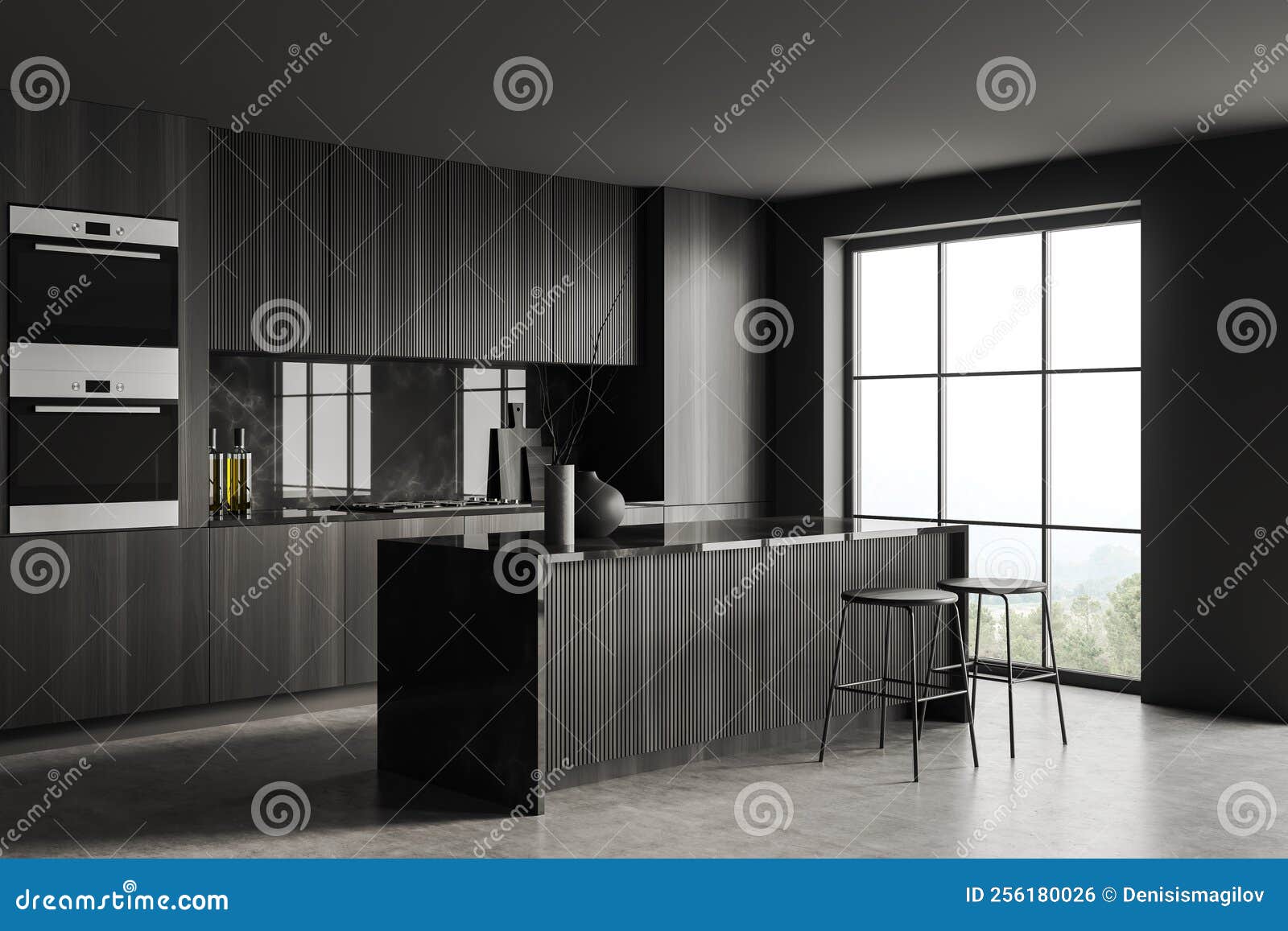 Grey Kitchen Interior with Bar Countertop and Seats, Panoramic Window ...