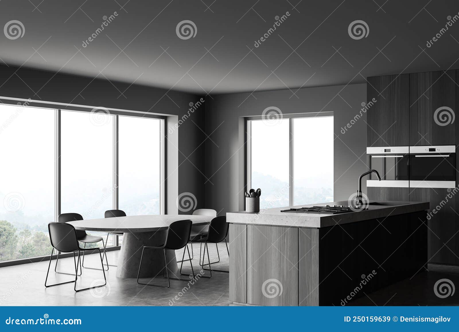 Grey Kitchen Interior with Chairs and Countertop, Eating Area and ...