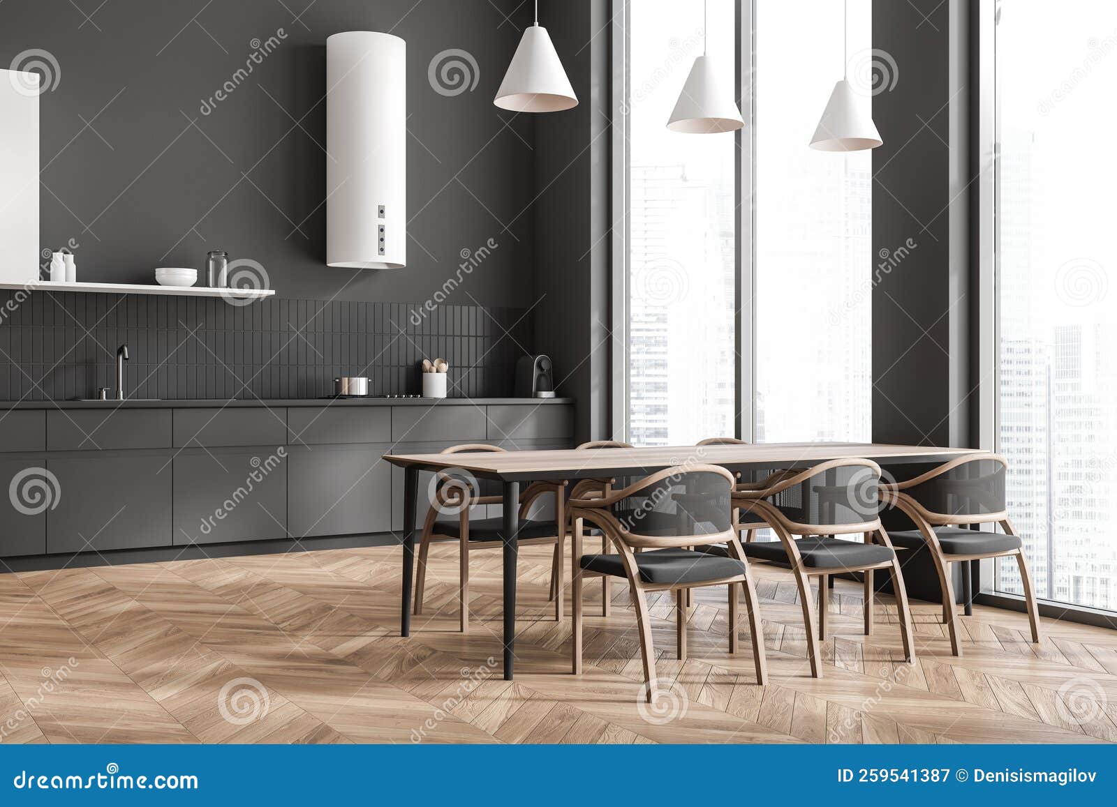 Grey Kitchen Interior with Eating Table and Chairs, Panoramic Window ...