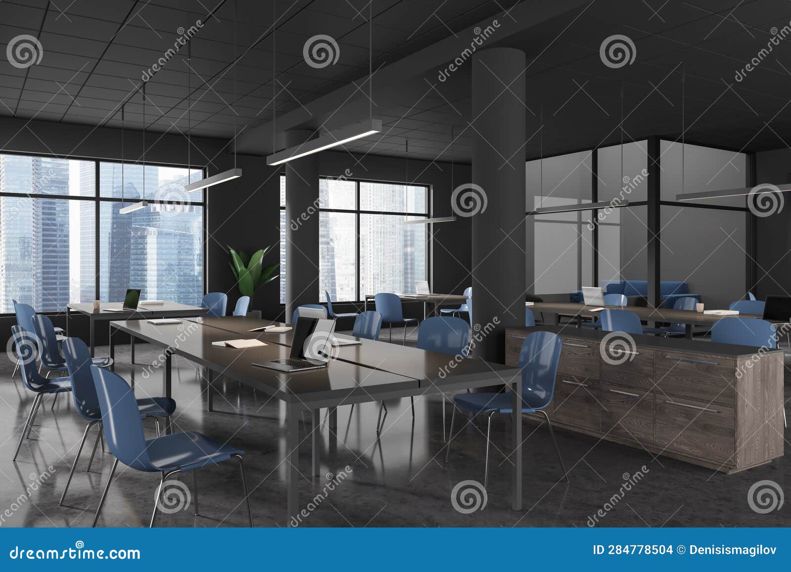 Grey Library Interior with Shared Table and Chairs in Row, Relax Zone ...