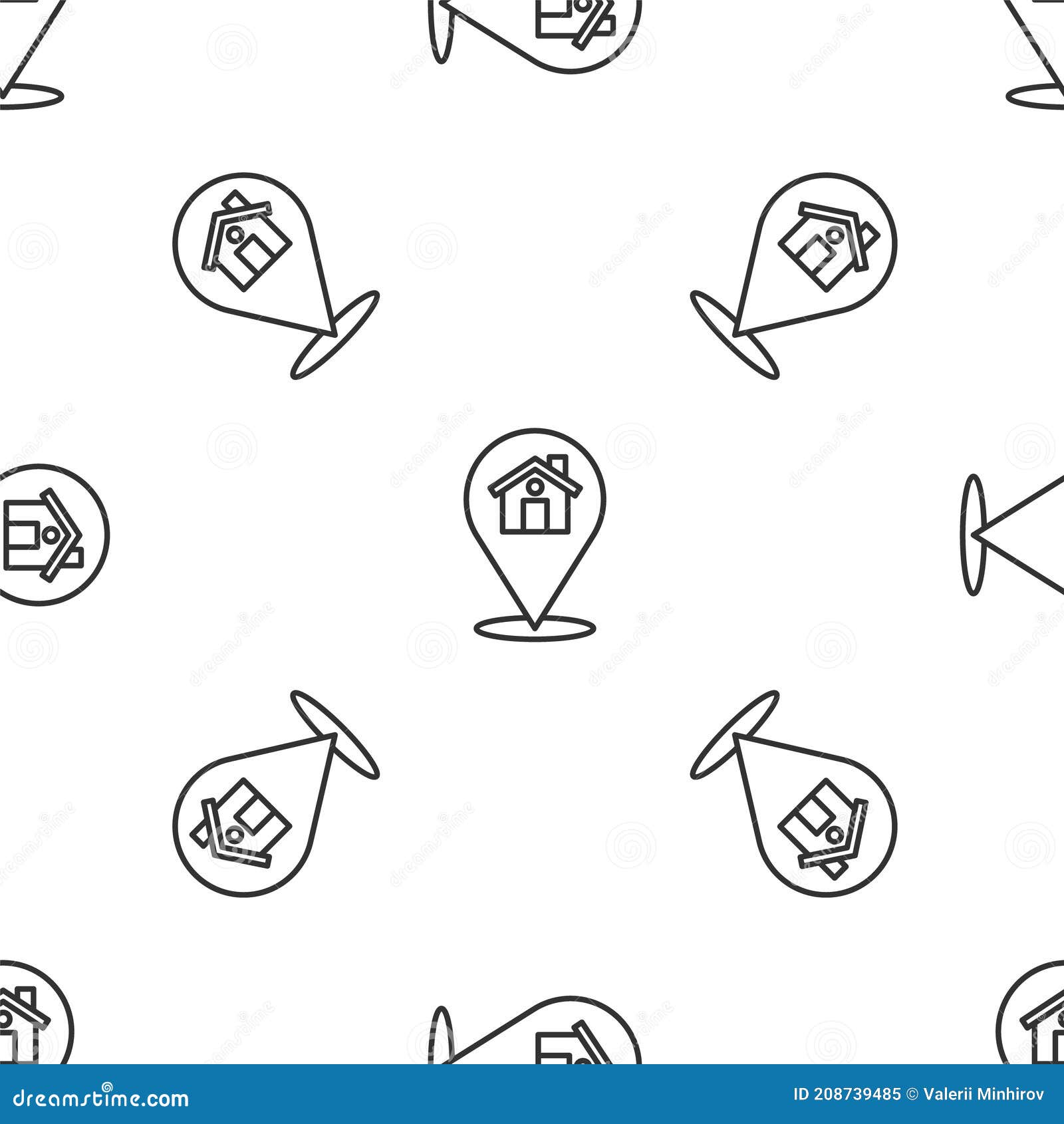 Grey Line Map Pointer with House Icon Isolated Seamless Pattern on ...