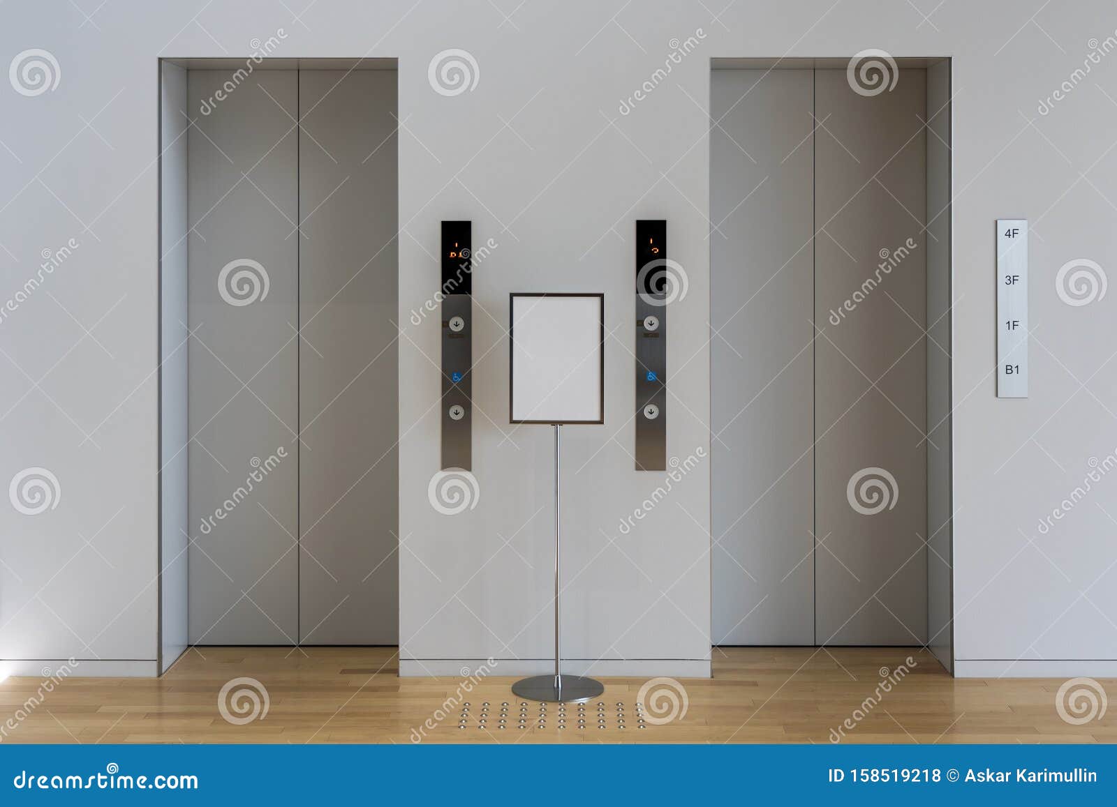 Grey Lobby and Two Lifts stock photo. Image of office - 158519218