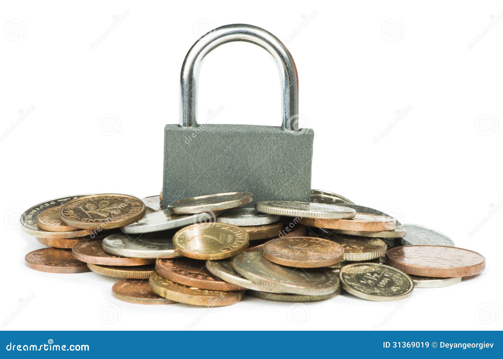Grey Locked Padlock and Coins Stock Image - Image of lock, coin: 31369019