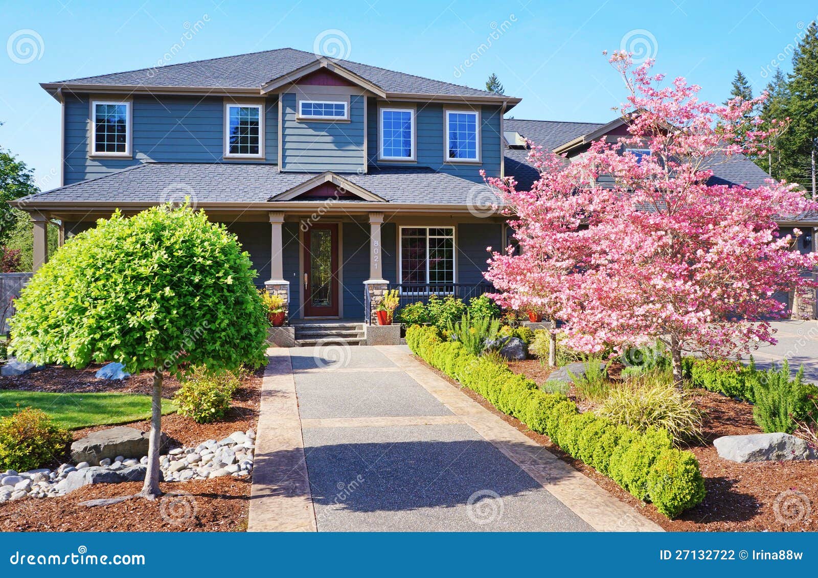 Grey Luxury House with Spring Pink Trees. Stock Photo - Image of ...