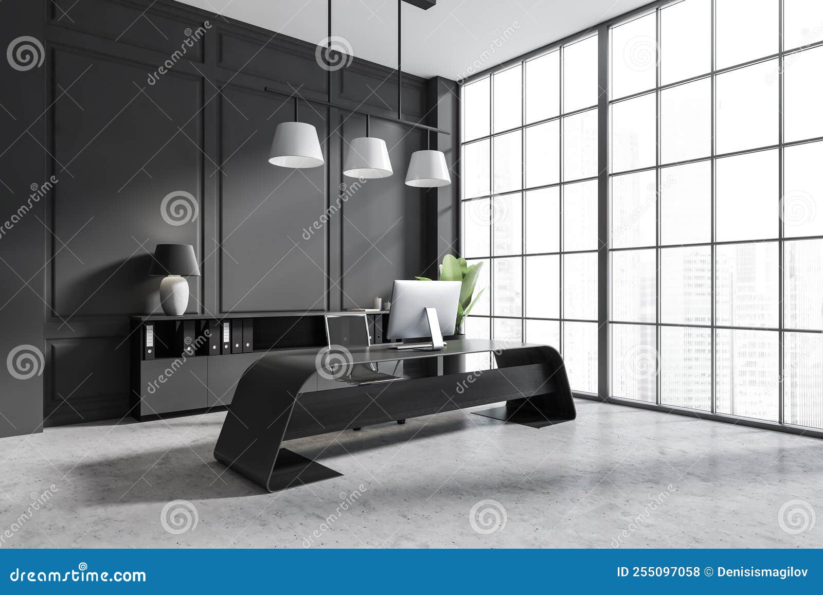 Grey Manager Interior with Work Table, Cabinet and Panoramic Window ...