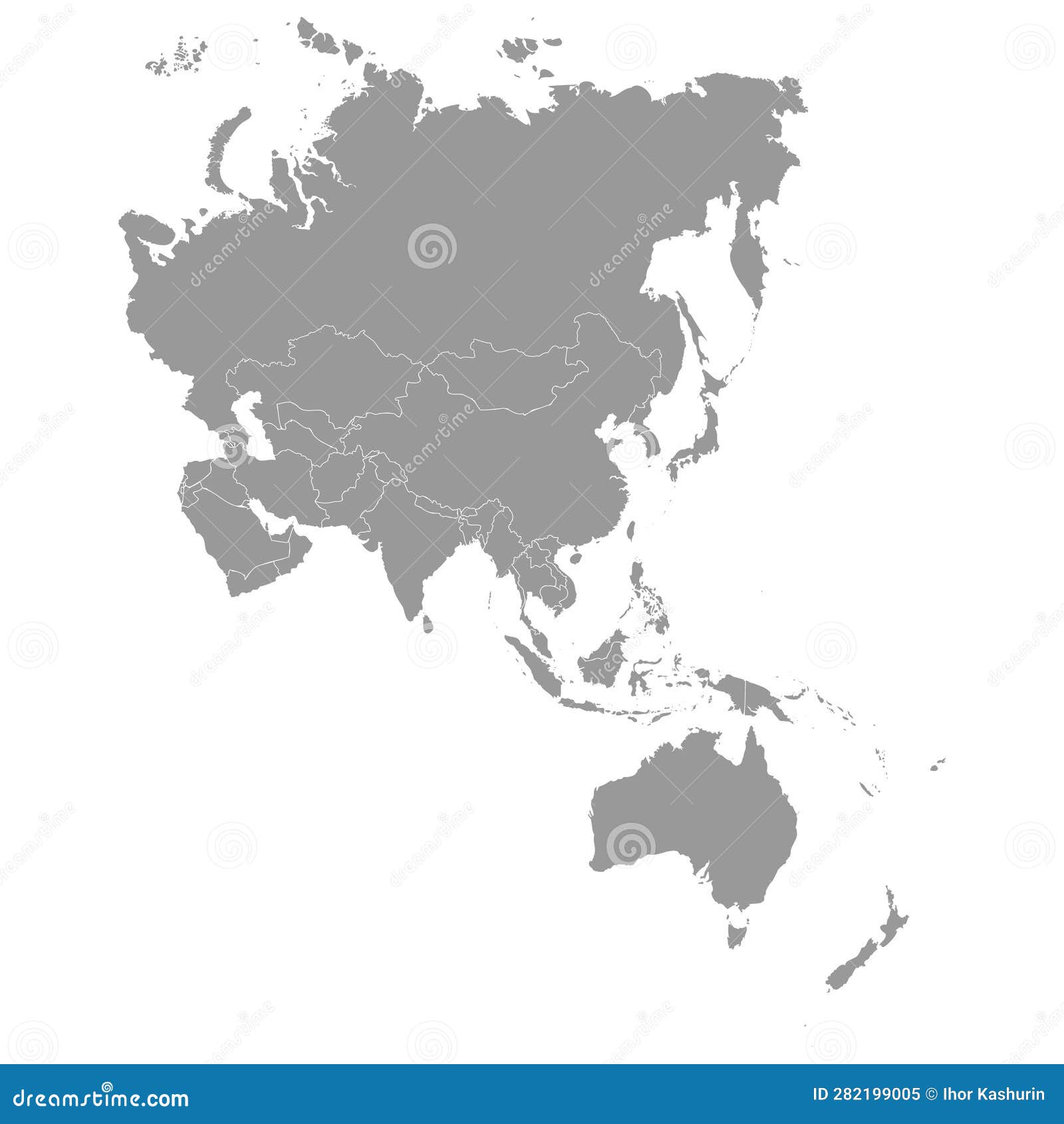 Grey map of Asia Pacific. stock illustration. Illustration of mongolia ...