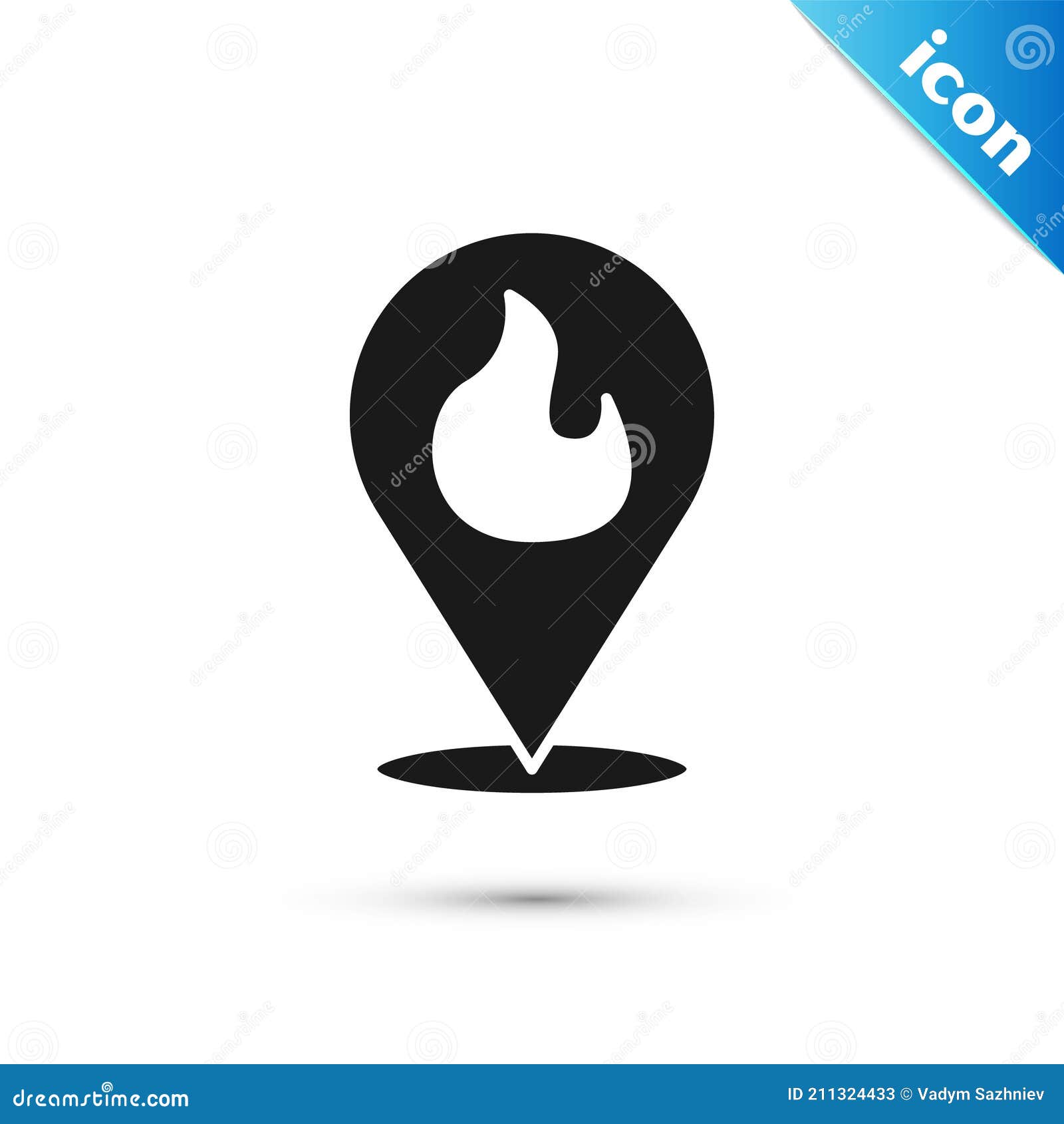 Grey Map Pointer with Fire Flame Icon Isolated on White Background ...